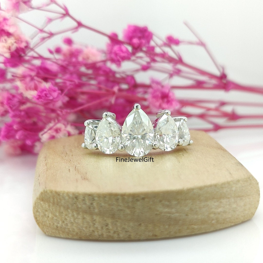 5 Stone Ring 3.60ct Pear Lab Diamond Moissanite Solitaire Anniversary ...