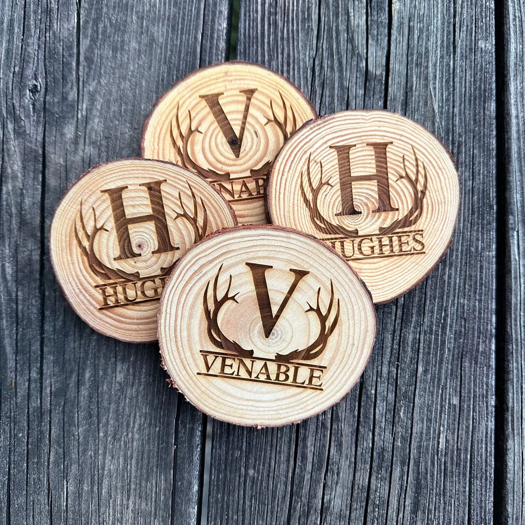 Custom Name Antler Log Slice Coaster - 1 Hand Made Wooden Coaster ...