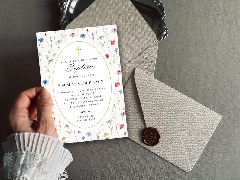 Floral Baptism Invitation Template, Editable Christening Invite, Baby ...