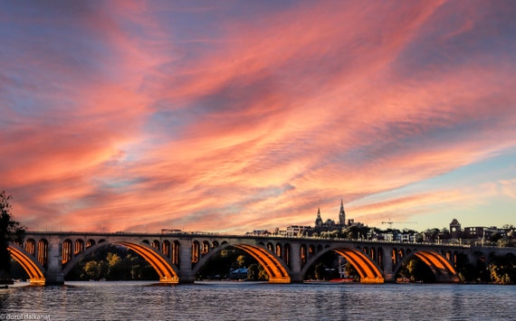 Georgetown University and Key Bridge at Sunset Washington DC - Etsy