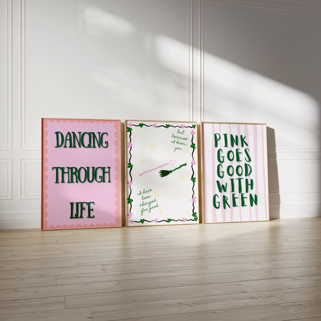 Wicked-themed Wall Art Set of 3 Elphaba and Glinda Quote Pink and Green ...