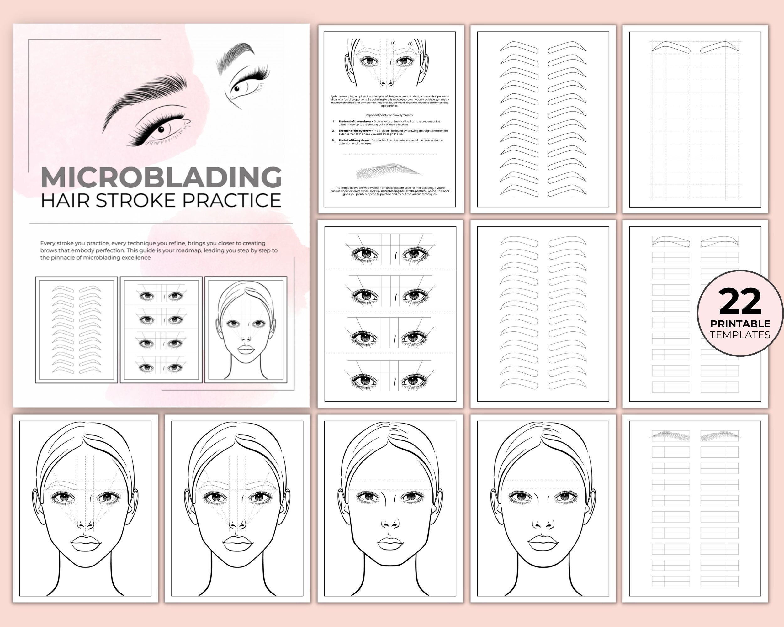 Microblading Hair Stroke Practice Sheets, Eyebrow Mapping, Microblading ...