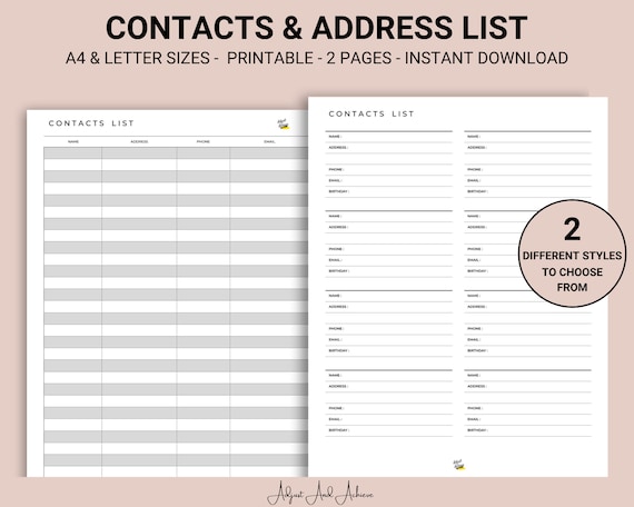 Printable Contact and Address Book Instant Download Contacts | Etsy