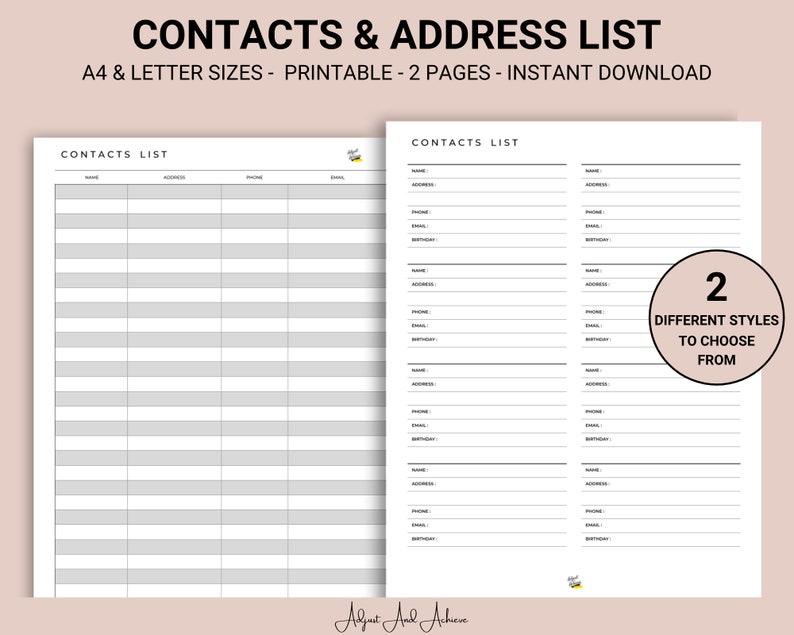 Printable Contact and Address Book, Instant Download, Contacts and ...