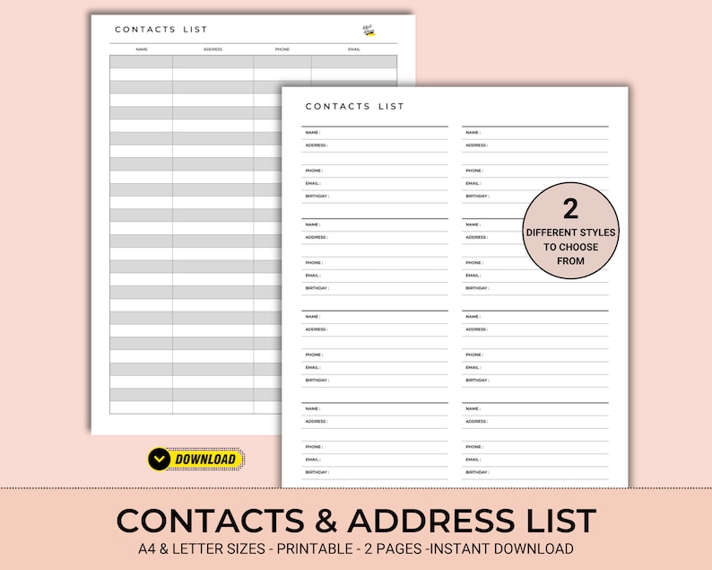 Printable Contact and Address Book, Instant Download, Contacts and ...