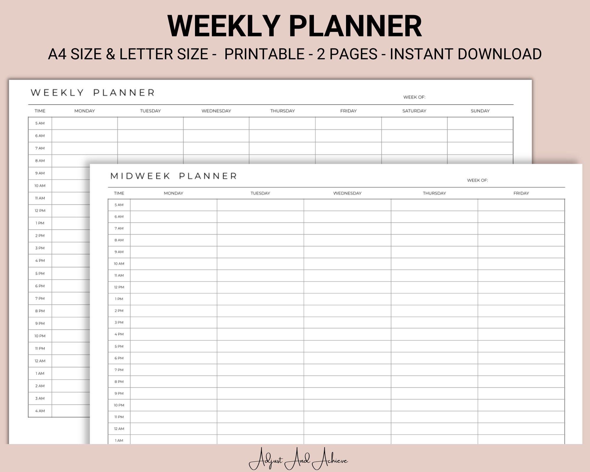 Printable Weekly Planner & Organiser | Week to View, Hourly Schedule ...