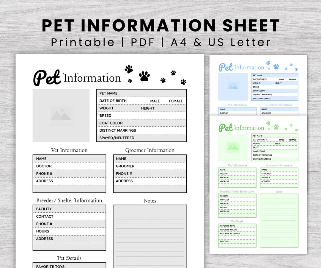 Pet Information Sheet Printable, Pet Emergency Info Form, Dog Care ...