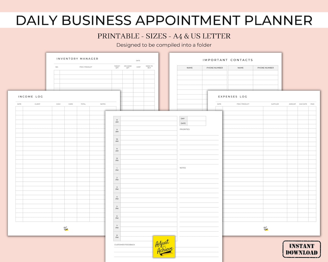 Printable Daily Business Template | Appointments & Financial Organiser ...