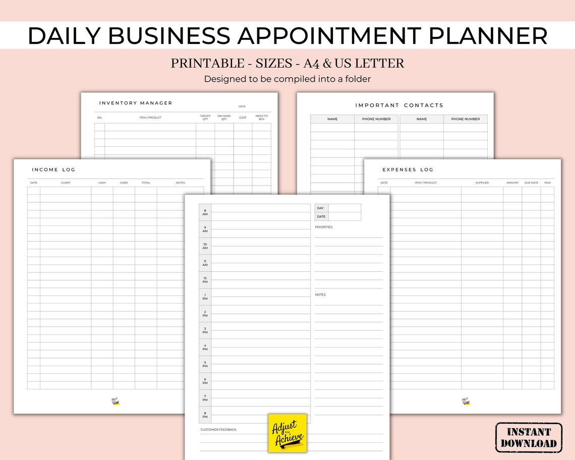 Printable Daily Business Template | Appointments & Financial Organiser ...