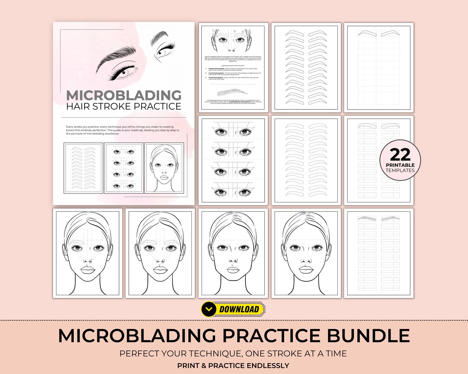 Microblading Hair Stroke Practice Sheets, Eyebrow Mapping, Microblading ...
