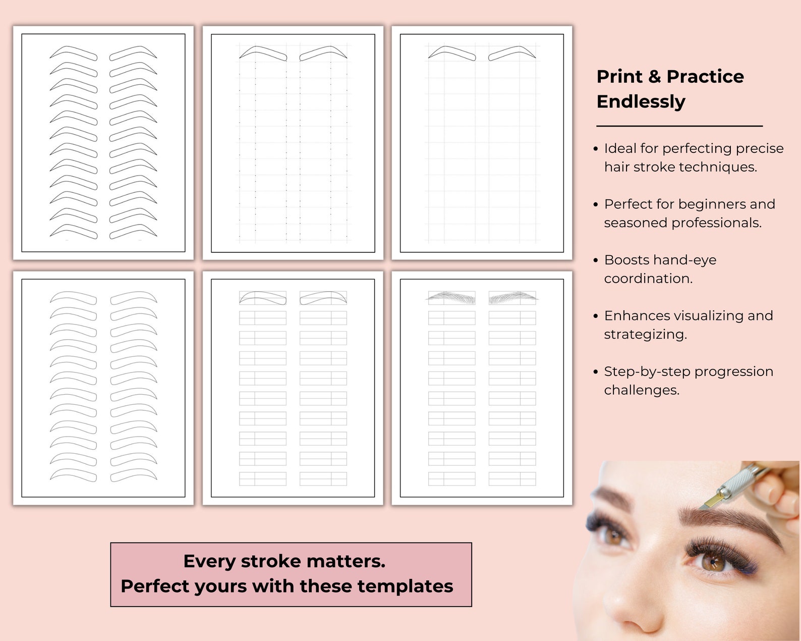 Microblading Hair Stroke Practice Sheets, Eyebrow Mapping, Microblading ...