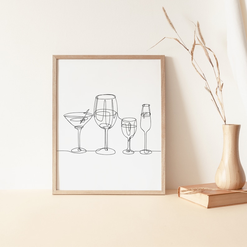Drinks Print Fine Line Art Simple Line Art Bar Cart Print | Etsy