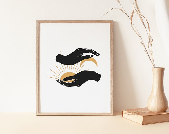 Hands Holding Sun Moon Art Print Celestial Stars Wall Art Mystical ...