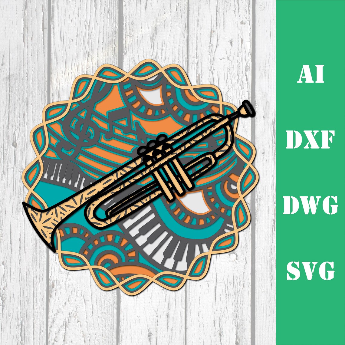 Trumpet Music Instrument Layered Laser Cut File Multi Layer Mandala SVG ...