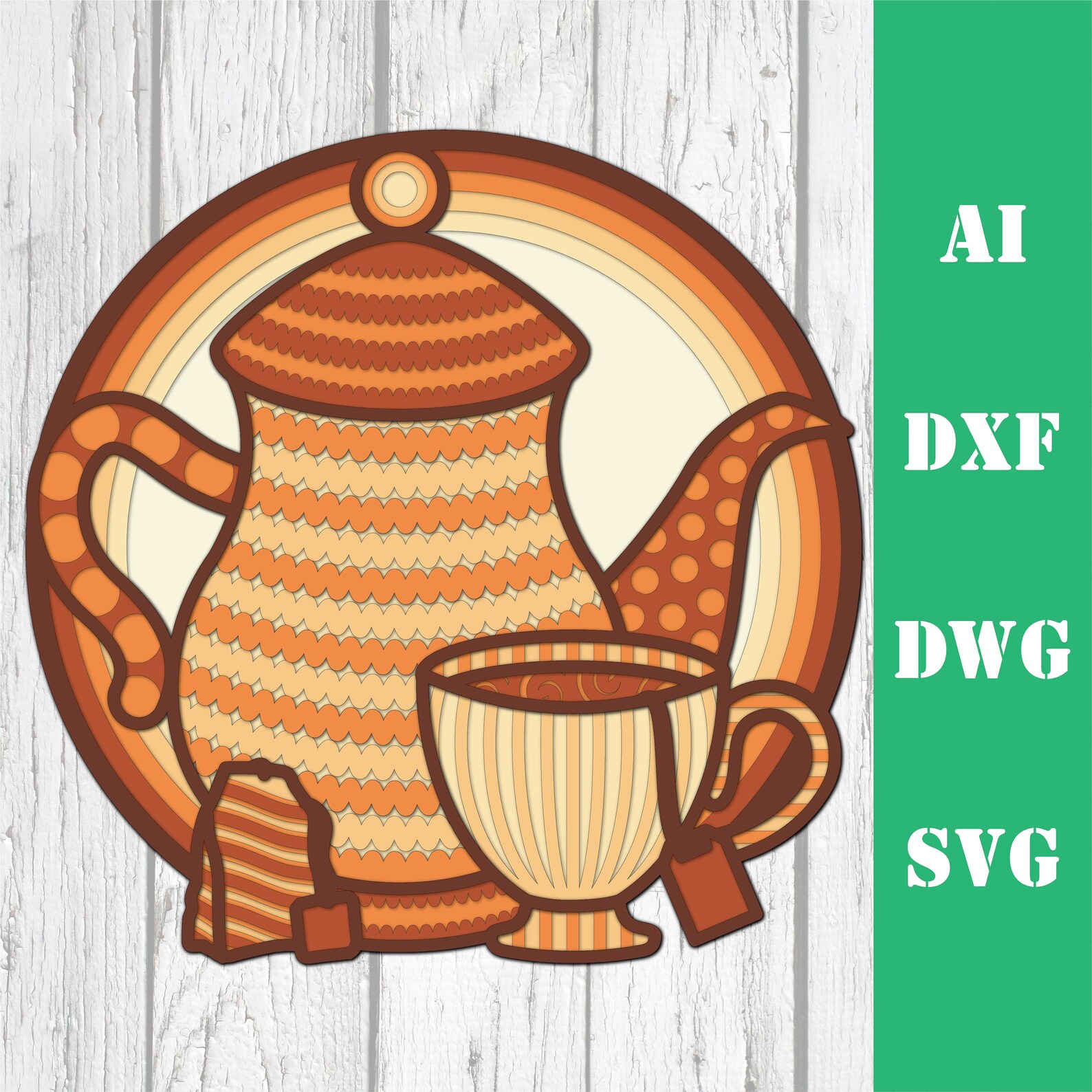 Tea Pot Tea Cup Mandala DXF Laser Cut Layered Tea Laser 3D Tea Cup ...