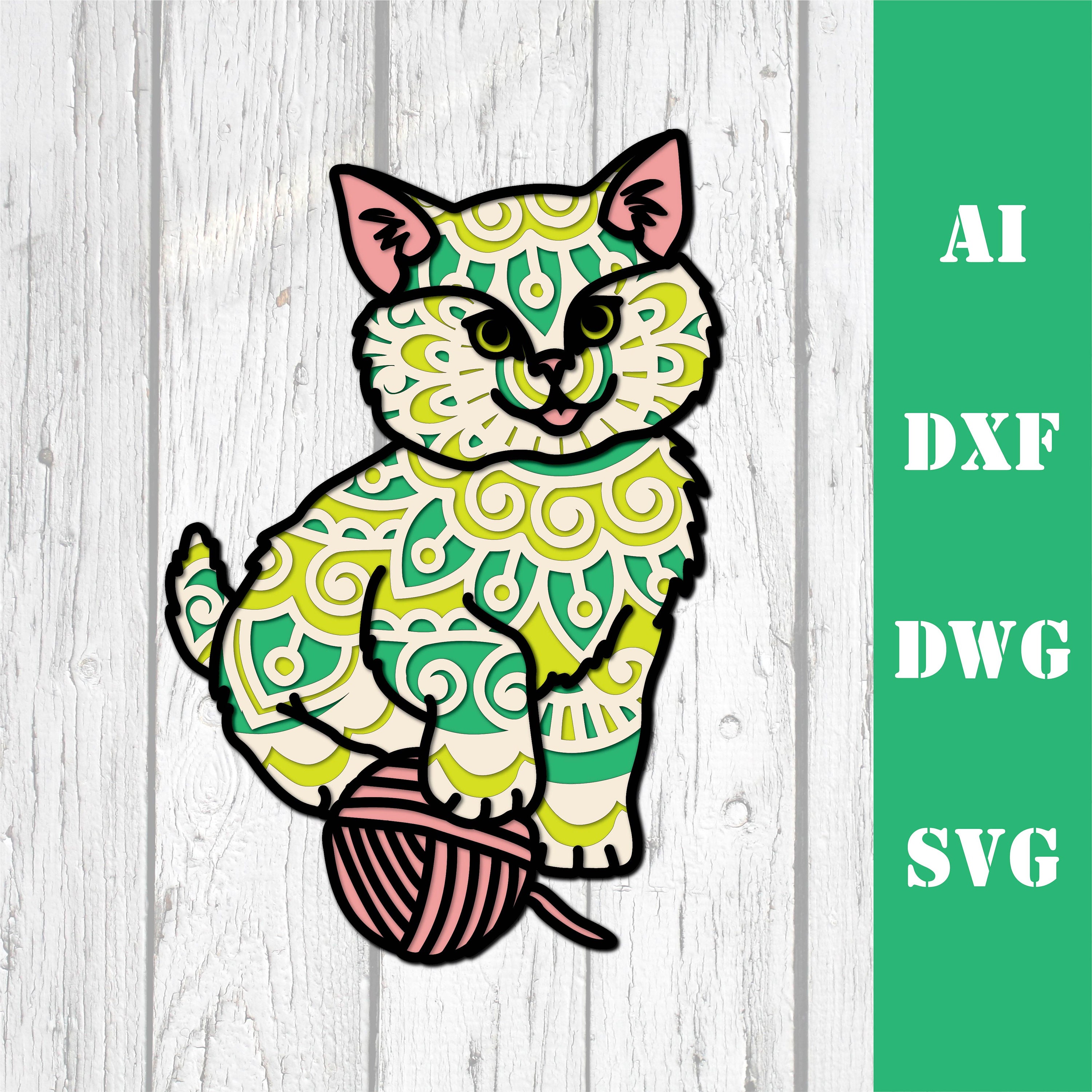 Cat Mandala Cute Kitten With Wool SVG for Laser Cut, Layered Cat, Laser ...