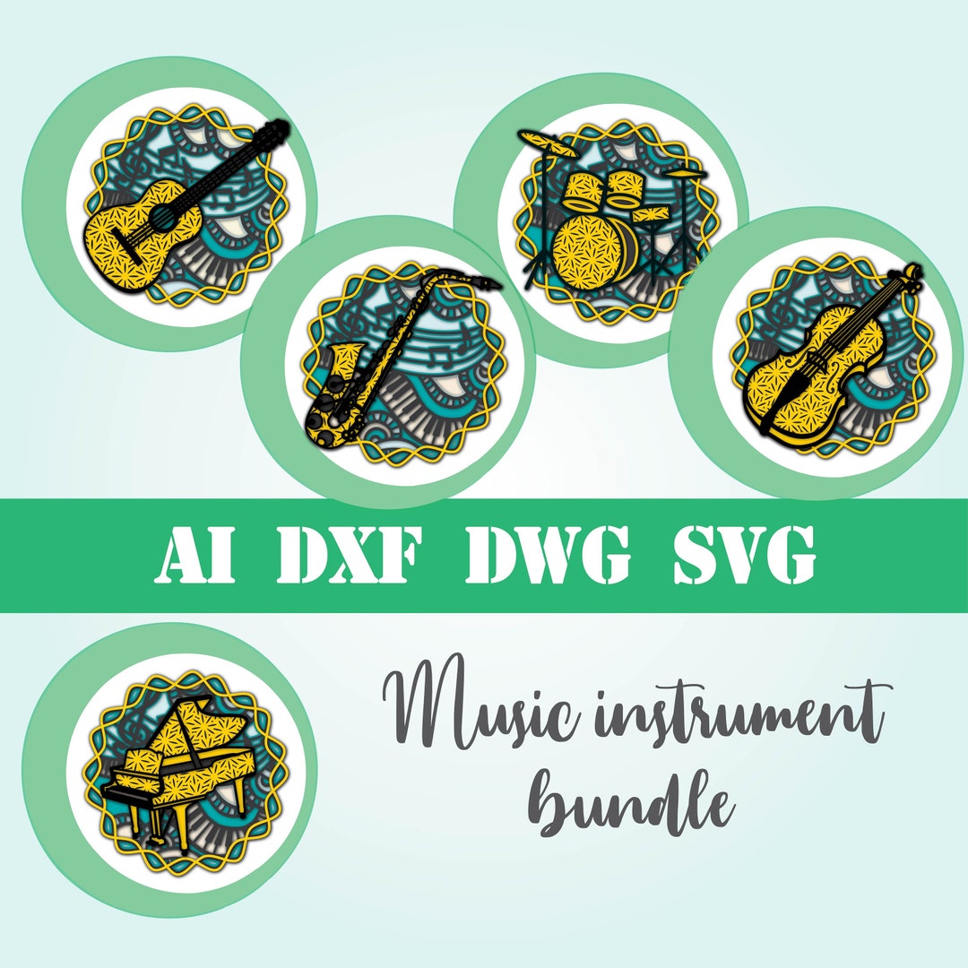 Bundle Music Instruments Layered Mandala Guitar Saxophone Drum Laser ...