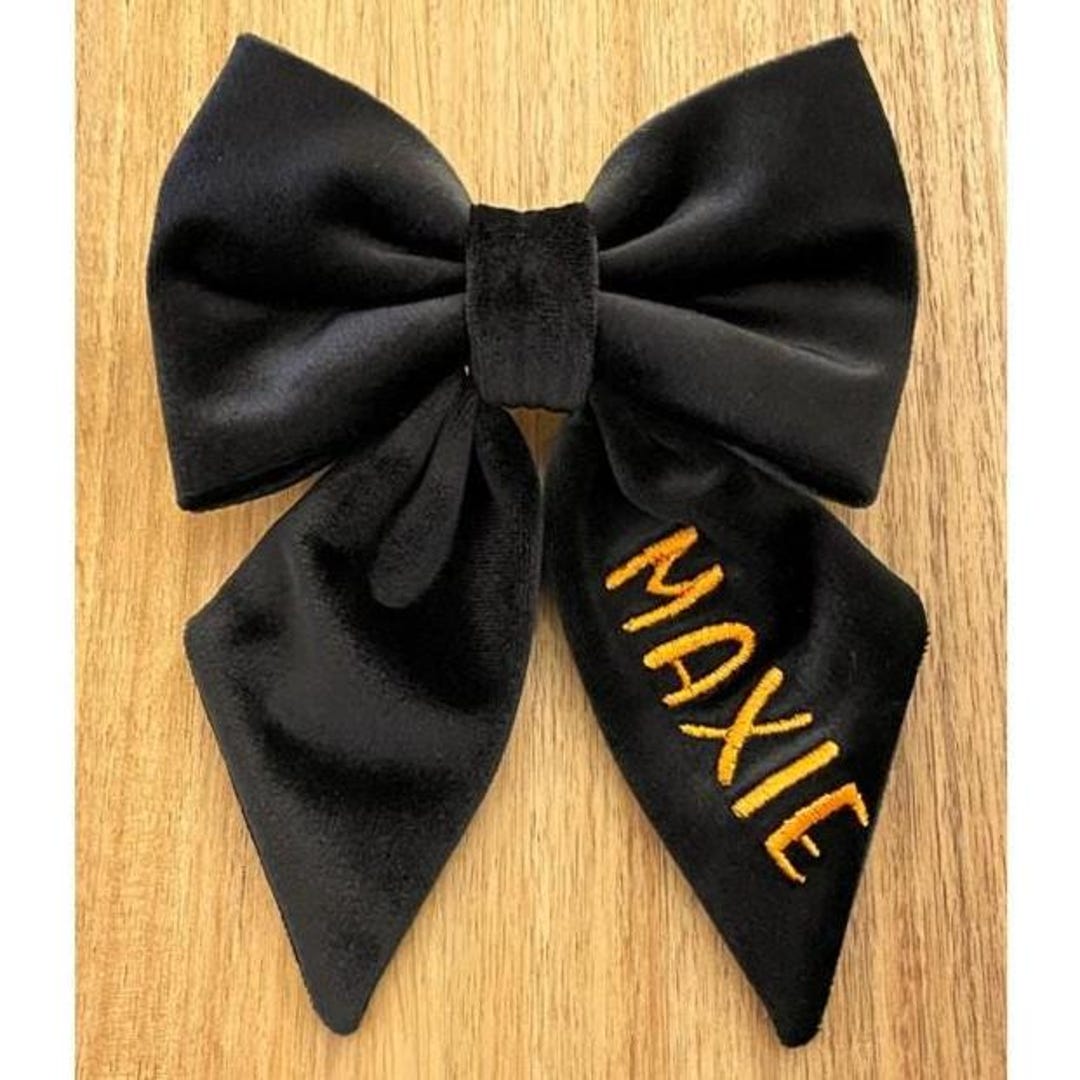 Black Velvet Embroidered Dog Bow-personalized Dog Bow-wedding Dog Bow ...