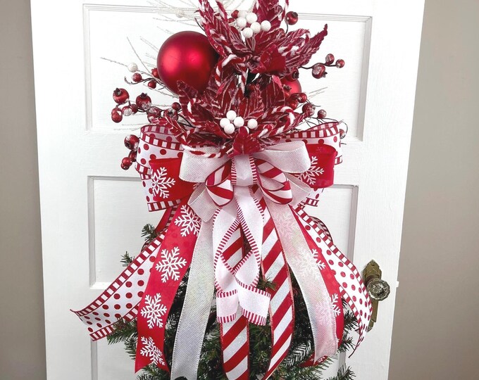 Red Velvet Poinsettia Christmas Tree Topper, Tree Topper With 2 Bows ...