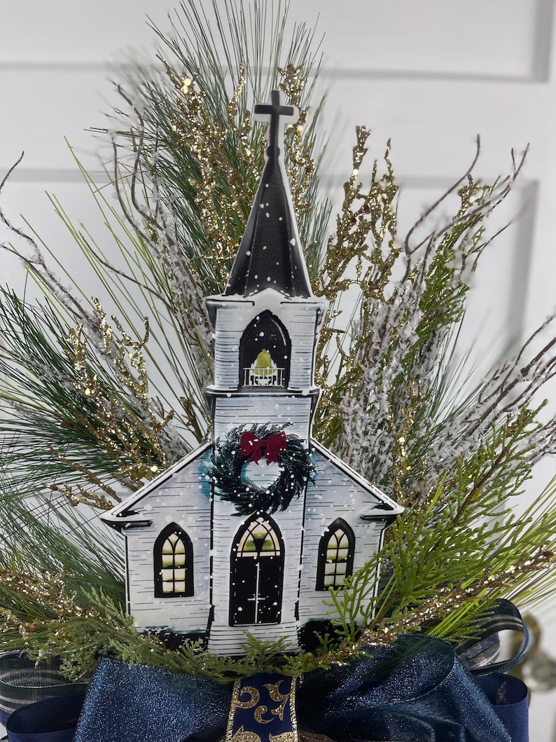 Navy Blue and Gold Tree Topper With White Church, Two Bows (front ...