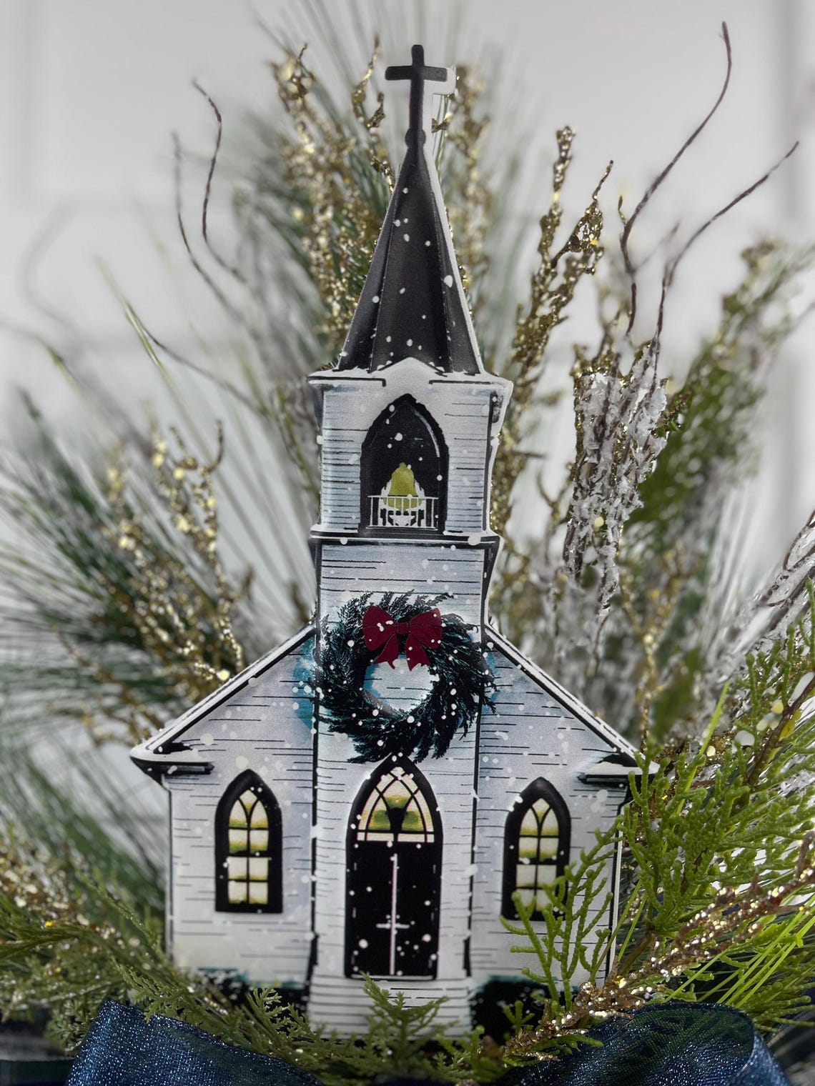 Navy Blue and Gold Tree Topper With White Church, Two Bows (front ...