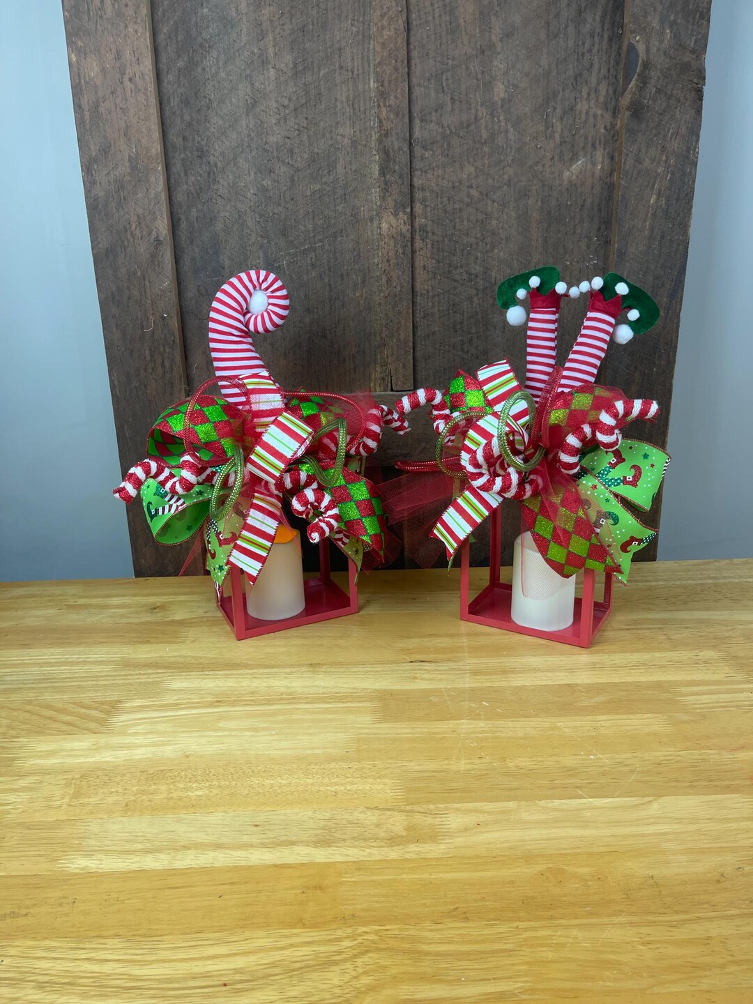 Elf Christmas Arrangements, Elf Hat and Elf Legs Lantern Centerpieces ...