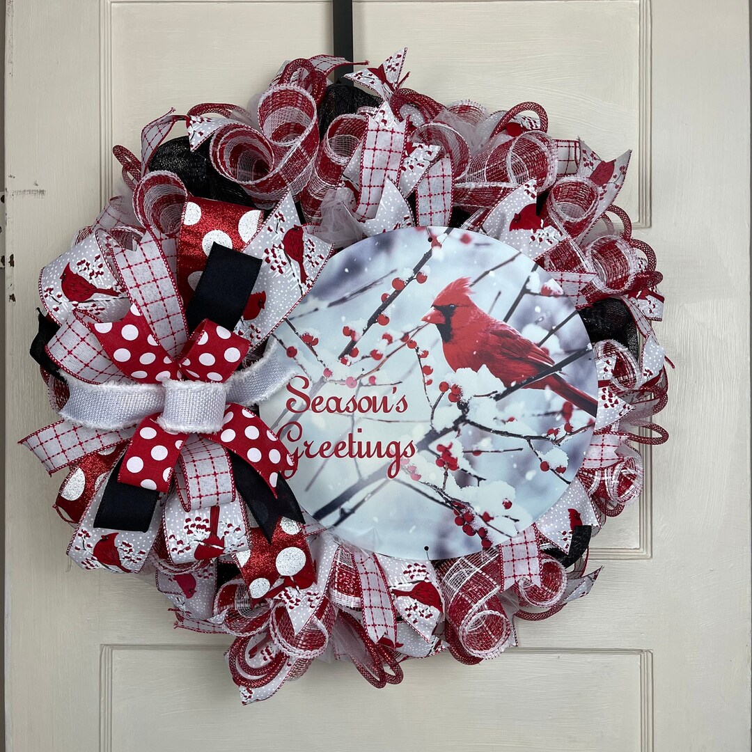 Cardinal Winter Wreath, Winter Door Wreath, Red Bird Winter Door Decor ...
