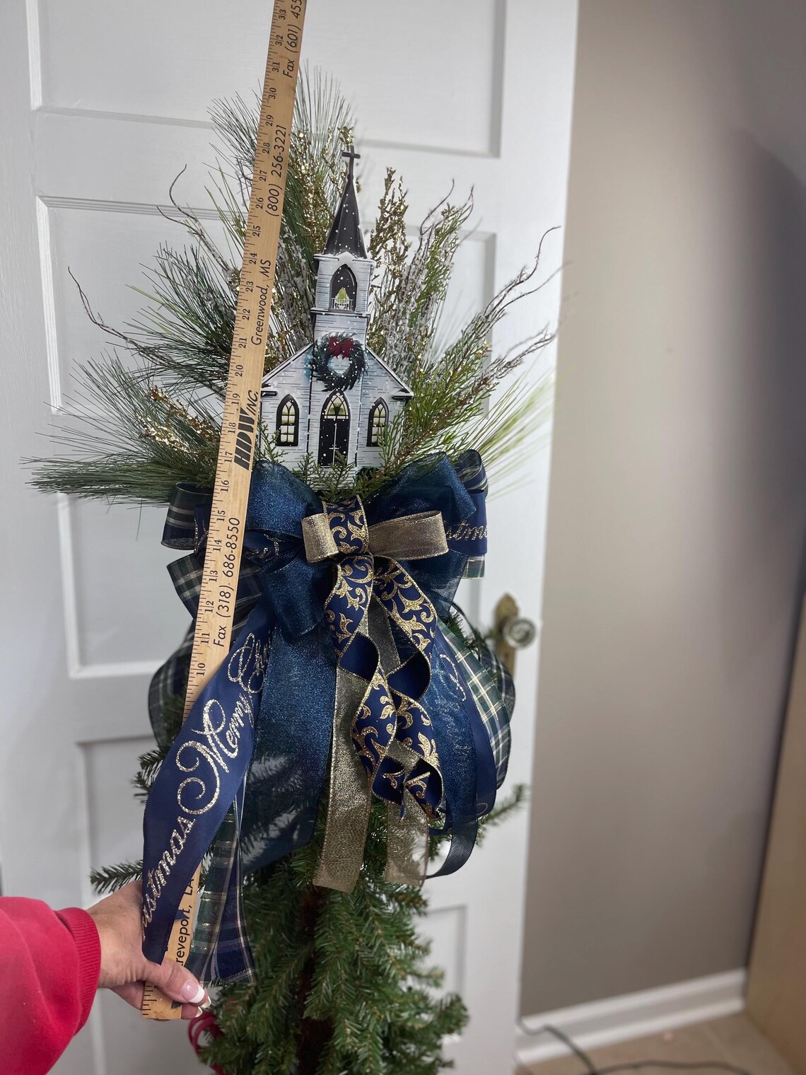 Navy Blue and Gold Tree Topper With White Church, Two Bows (front ...