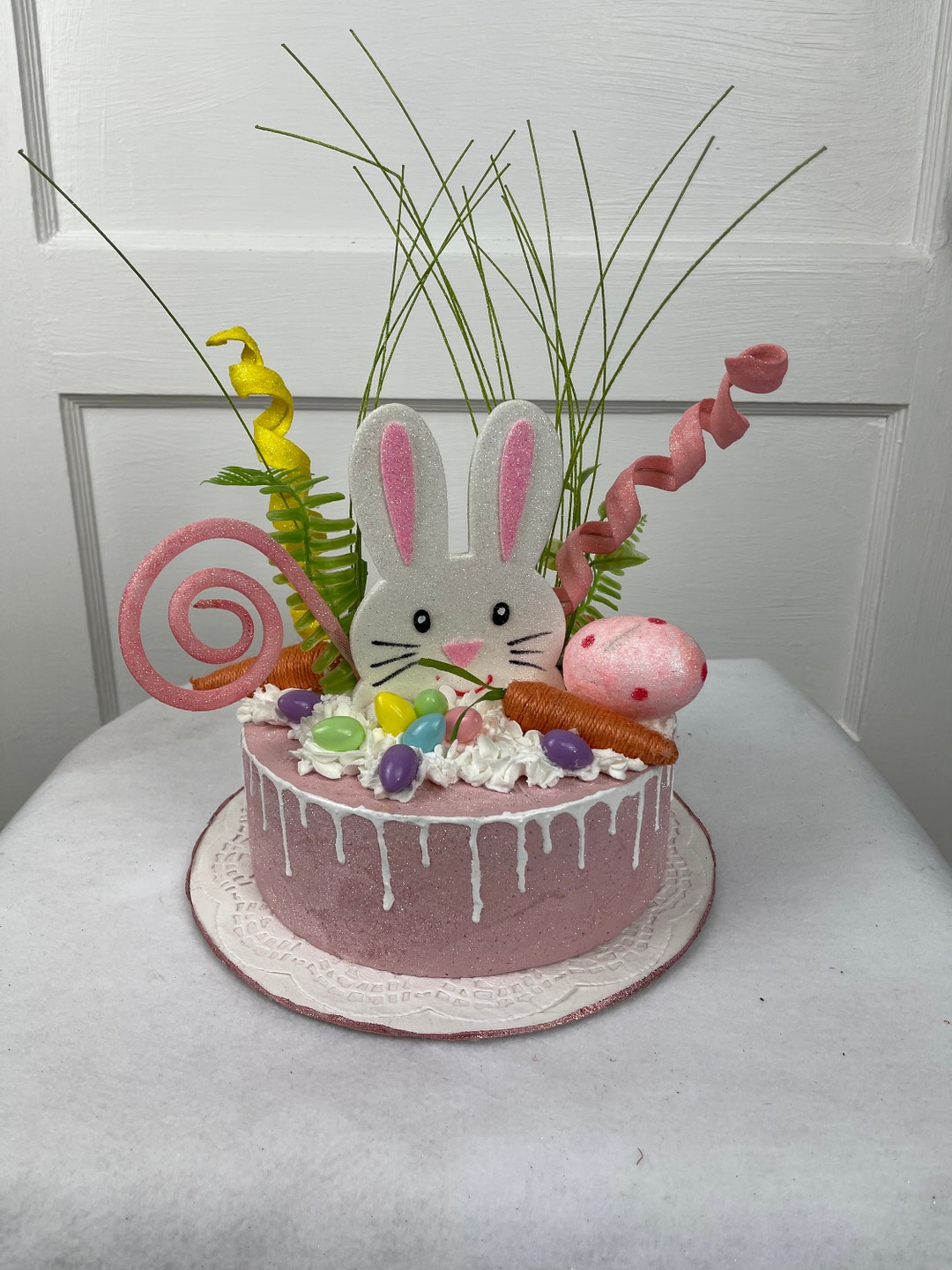 Pink Bunny Fake Cake Centerpiece, Easter Bunny Rabbit With Easter Eggs ...