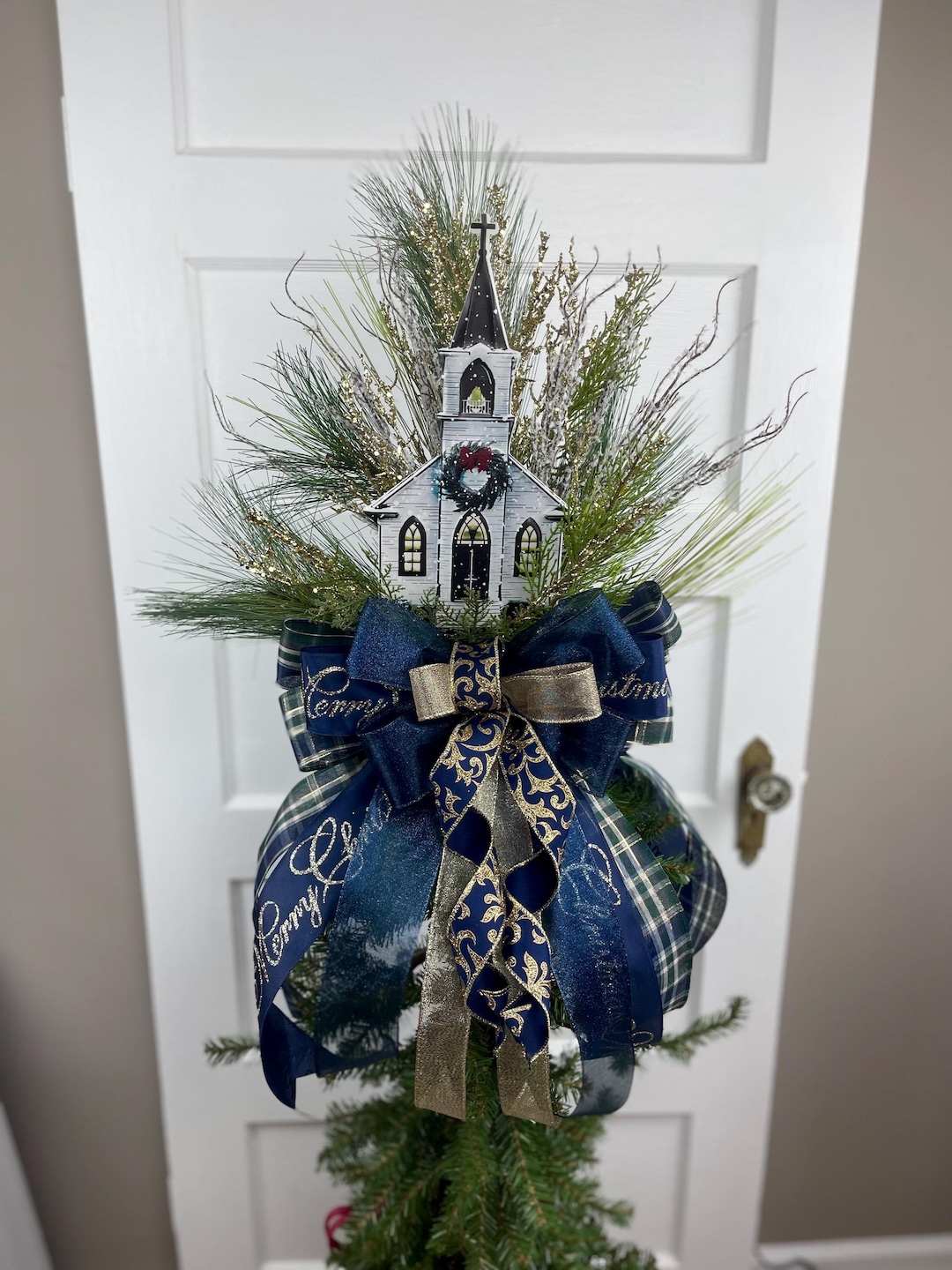 Navy Blue and Gold Tree Topper With White Church, Two Bows (front ...