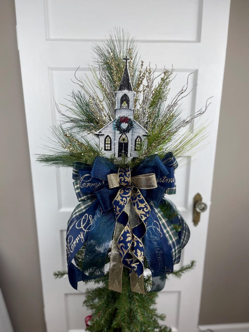 Navy Blue and Gold Tree Topper With White Church, Two Bows (front ...