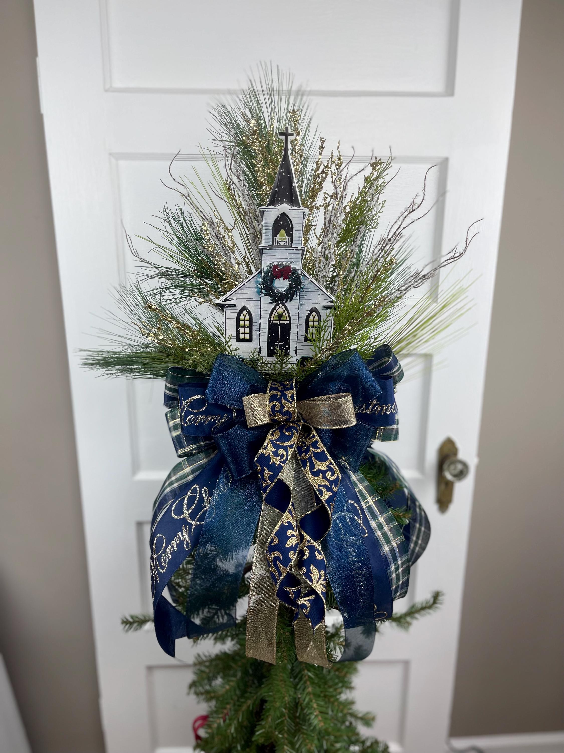 Navy Blue and Gold Tree Topper With White Church, Two Bows (front ...