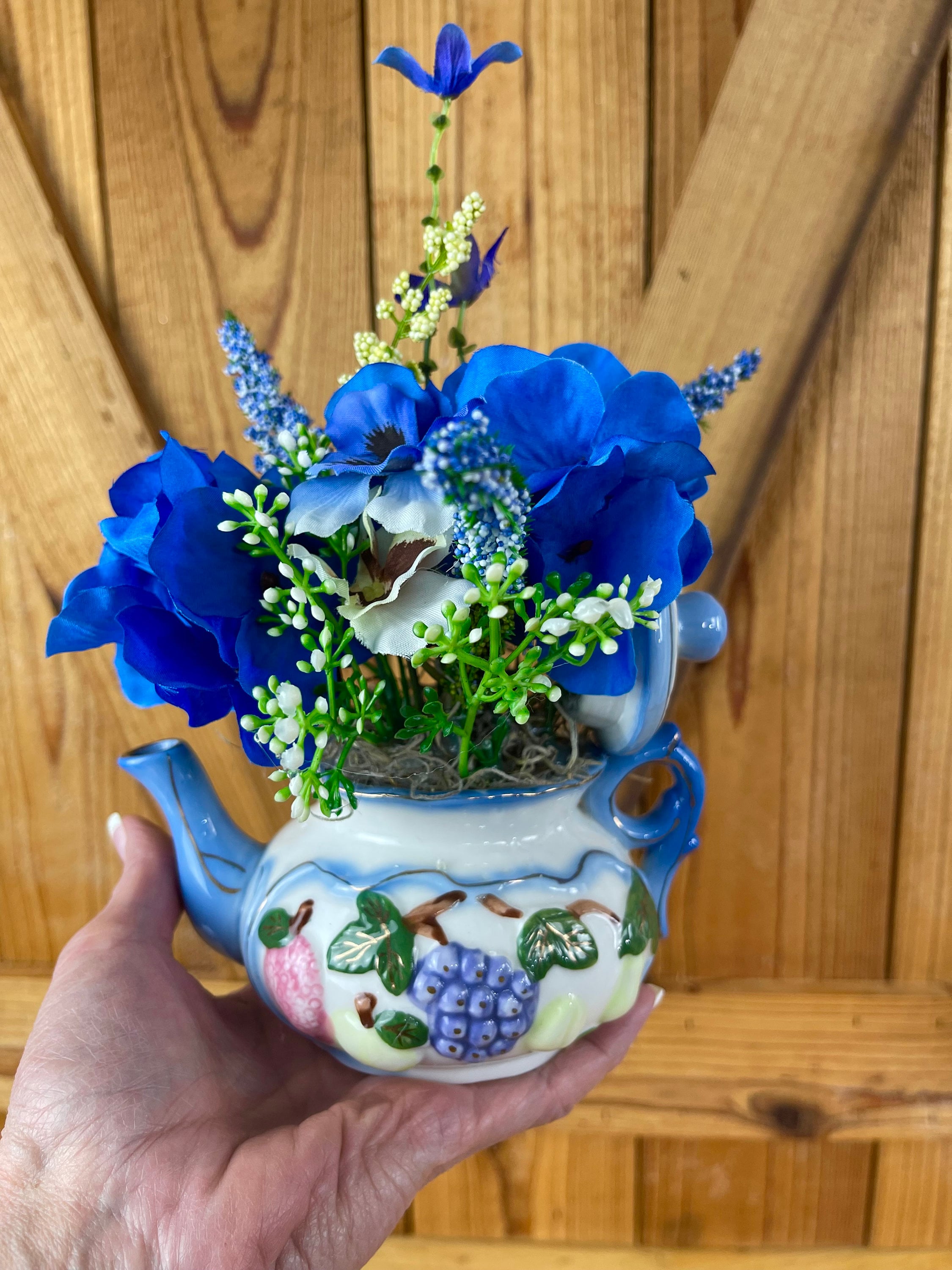 French Cottage Teapot Blue Hydrangea Flower Arrangement, Tea Pot ...