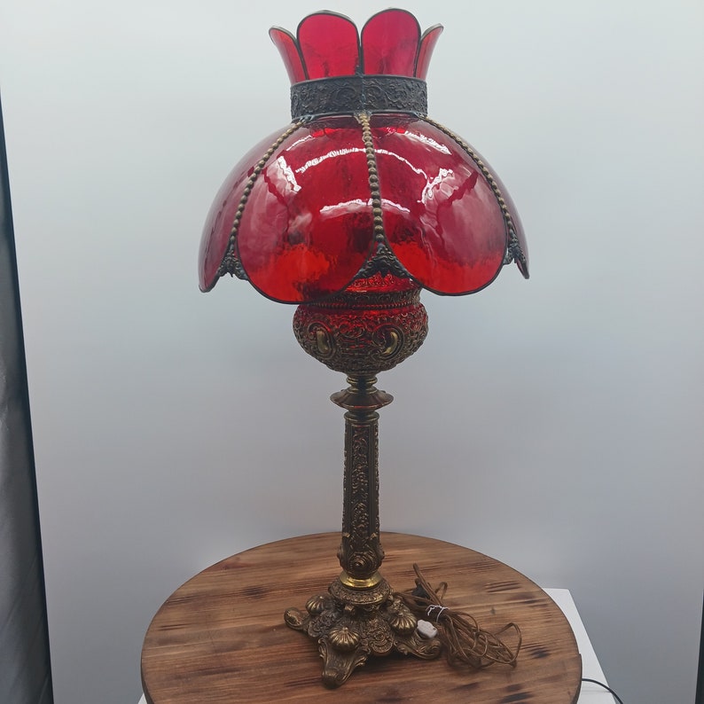 Vintage Victorian Style Stained Ruby Leaded Glass and Gilt Metal Parlor ...