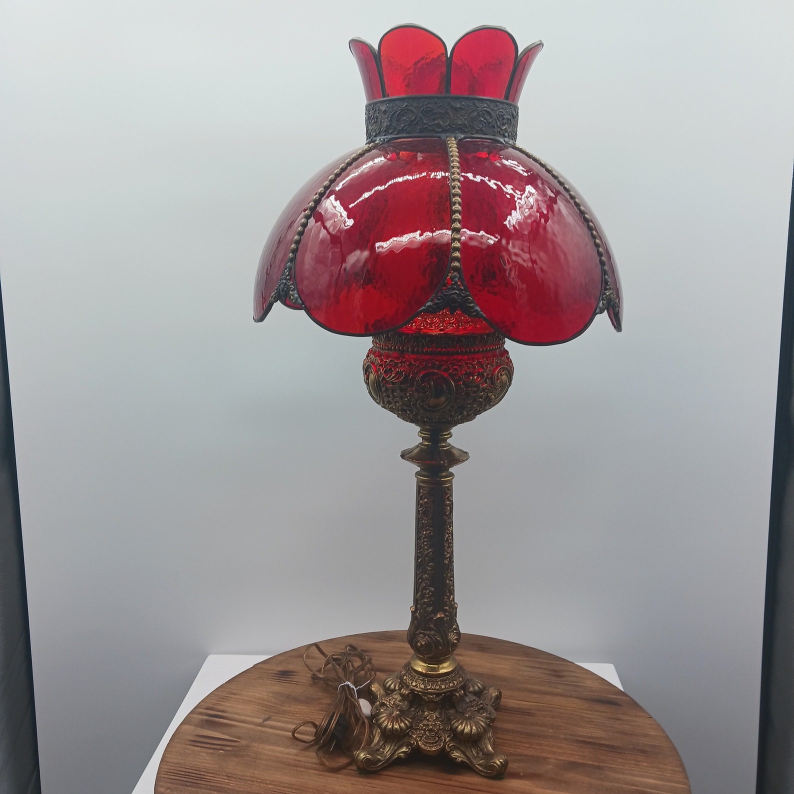 Vintage Victorian Style Stained Ruby Leaded Glass and Gilt Metal Parlor ...