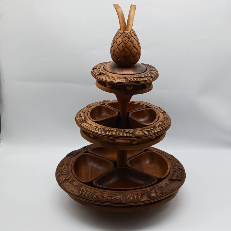 Vintage Mid Century Modern Tiki Monkey Pod Three Tier Lazy Susan Server ...