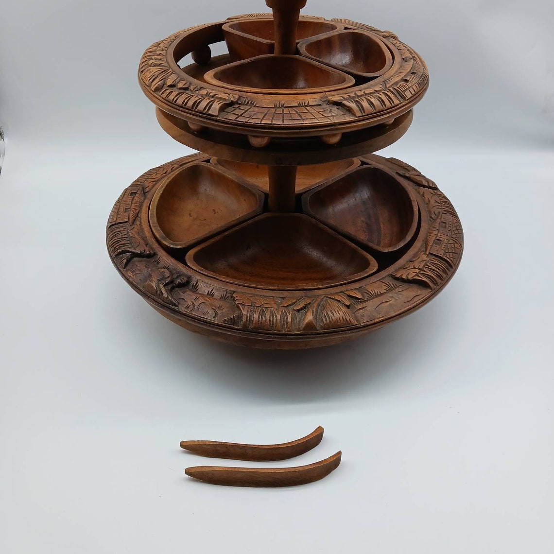 Vintage Mid Century Modern Tiki Monkey Pod Three Tier Lazy Susan Server ...