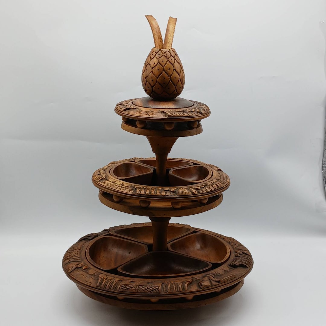 Vintage Mid Century Modern Tiki Monkey Pod Three Tier Lazy Susan Server ...