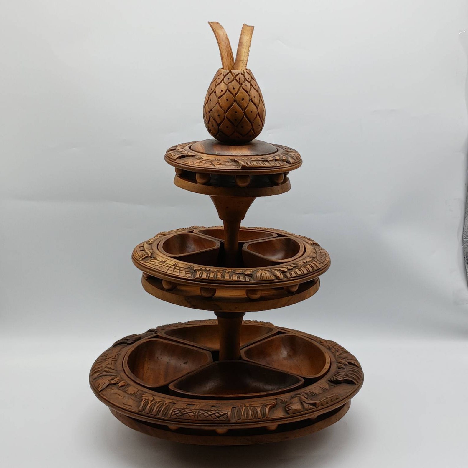 Vintage Mid Century Modern Tiki Monkey Pod Three Tier Lazy Susan Server ...