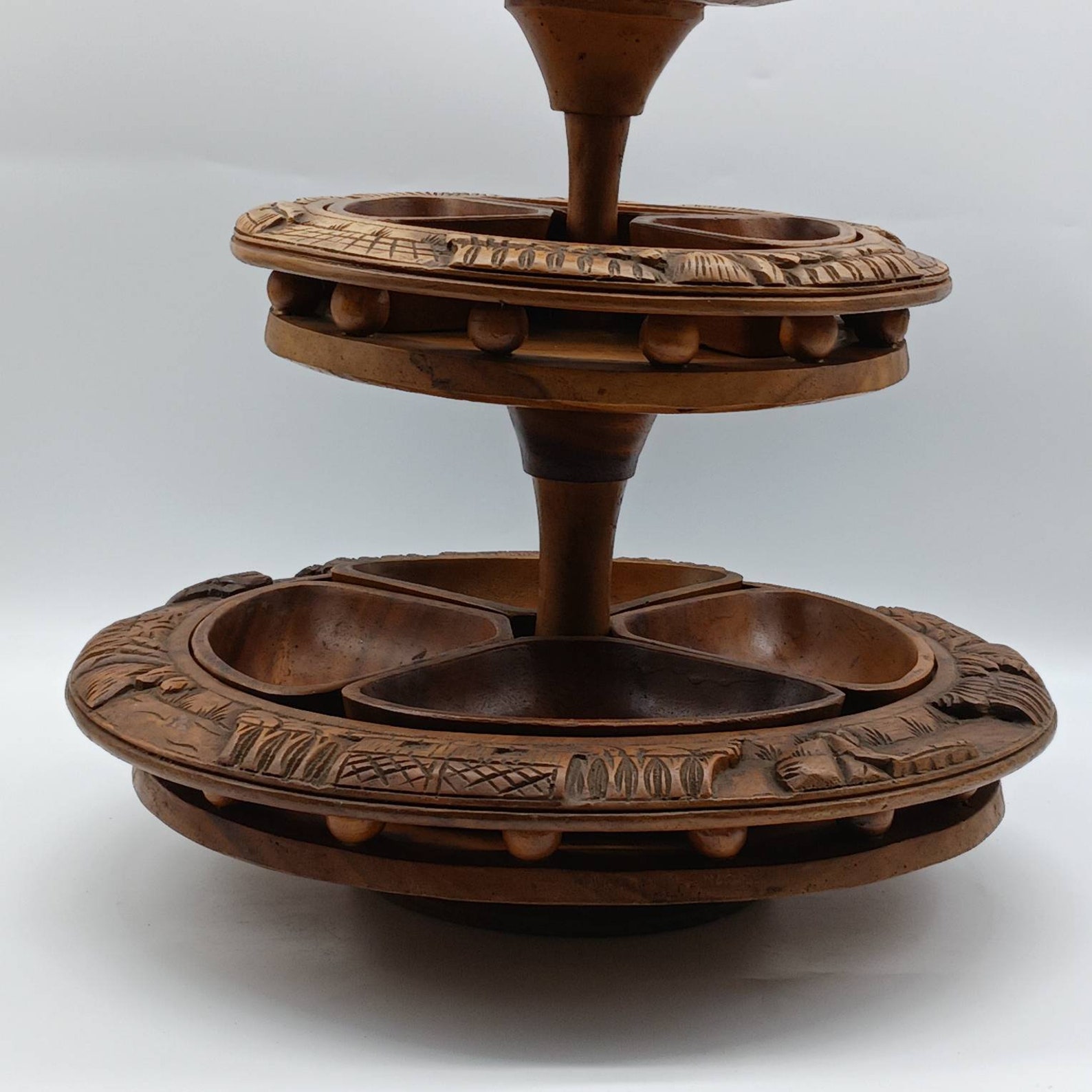 Vintage Mid Century Modern Tiki Monkey Pod Three Tier Lazy Susan Server ...