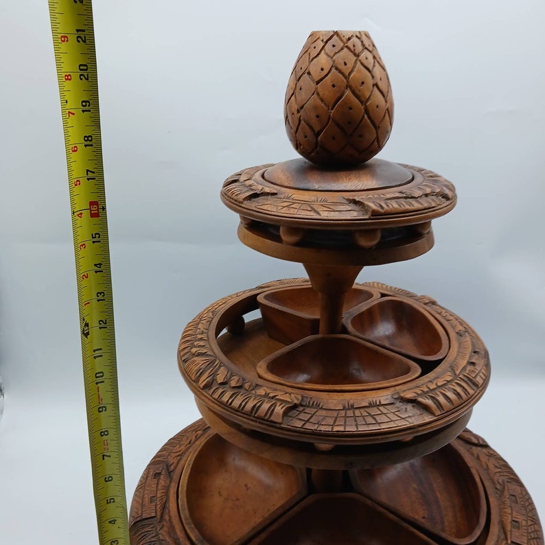 Vintage Mid Century Modern Tiki Monkey Pod Three Tier Lazy Susan Server ...