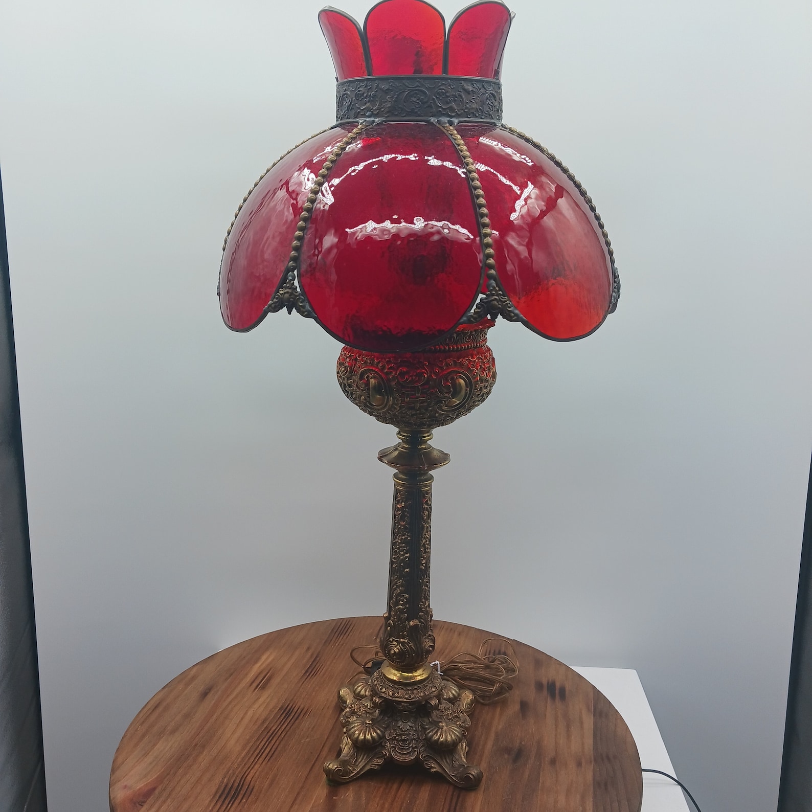 Vintage Victorian Style Stained Ruby Leaded Glass and Gilt Metal Parlor ...