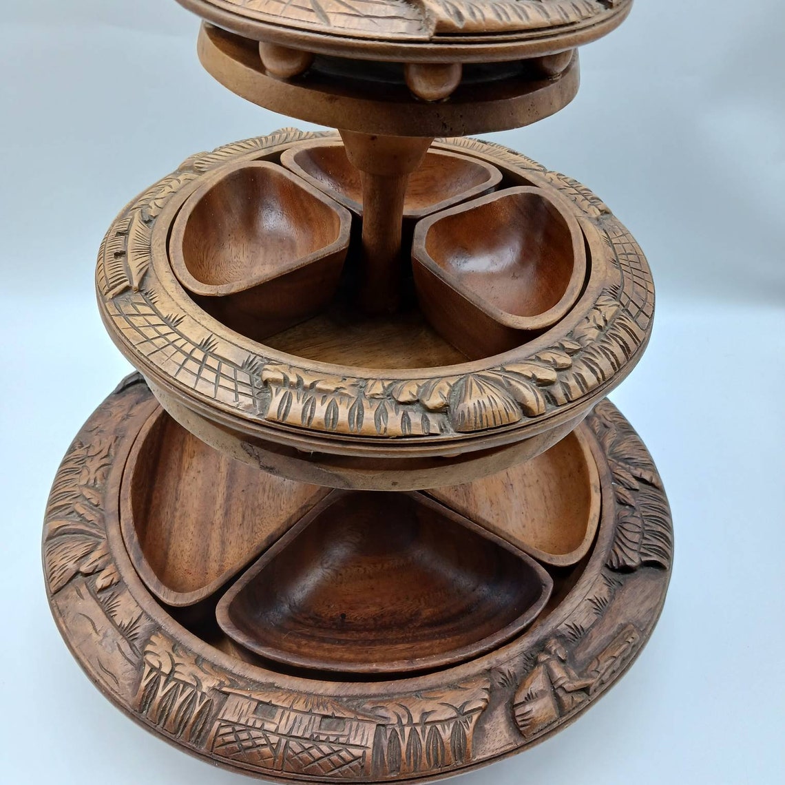 Vintage Mid Century Modern Tiki Monkey Pod Three Tier Lazy Susan Server ...