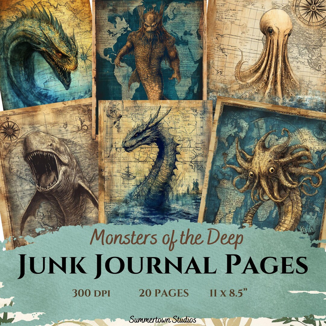 Sea Monsters Printable Digital Junk Journal, Ocean Themed Digital Art ...