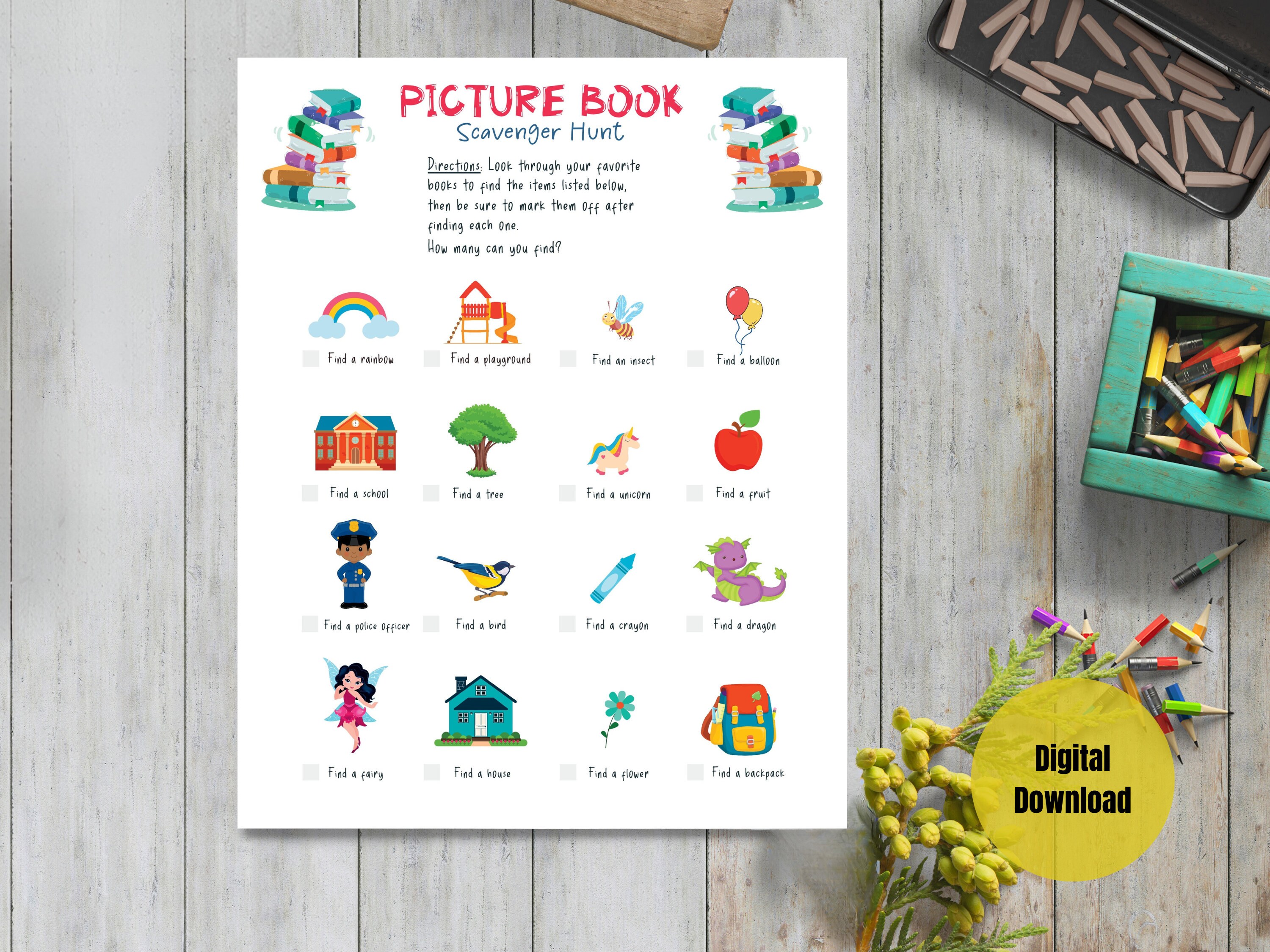 32 Item Picture Book Scavenger Hunt Printable Game for Kids | Story ...