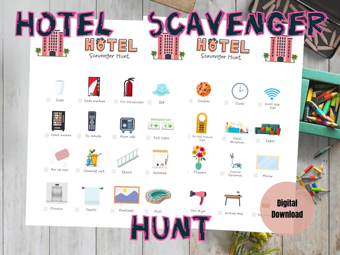 Hotel Scavenger Hunt Printable Game for Kids | Travel Treasure Hunt ...