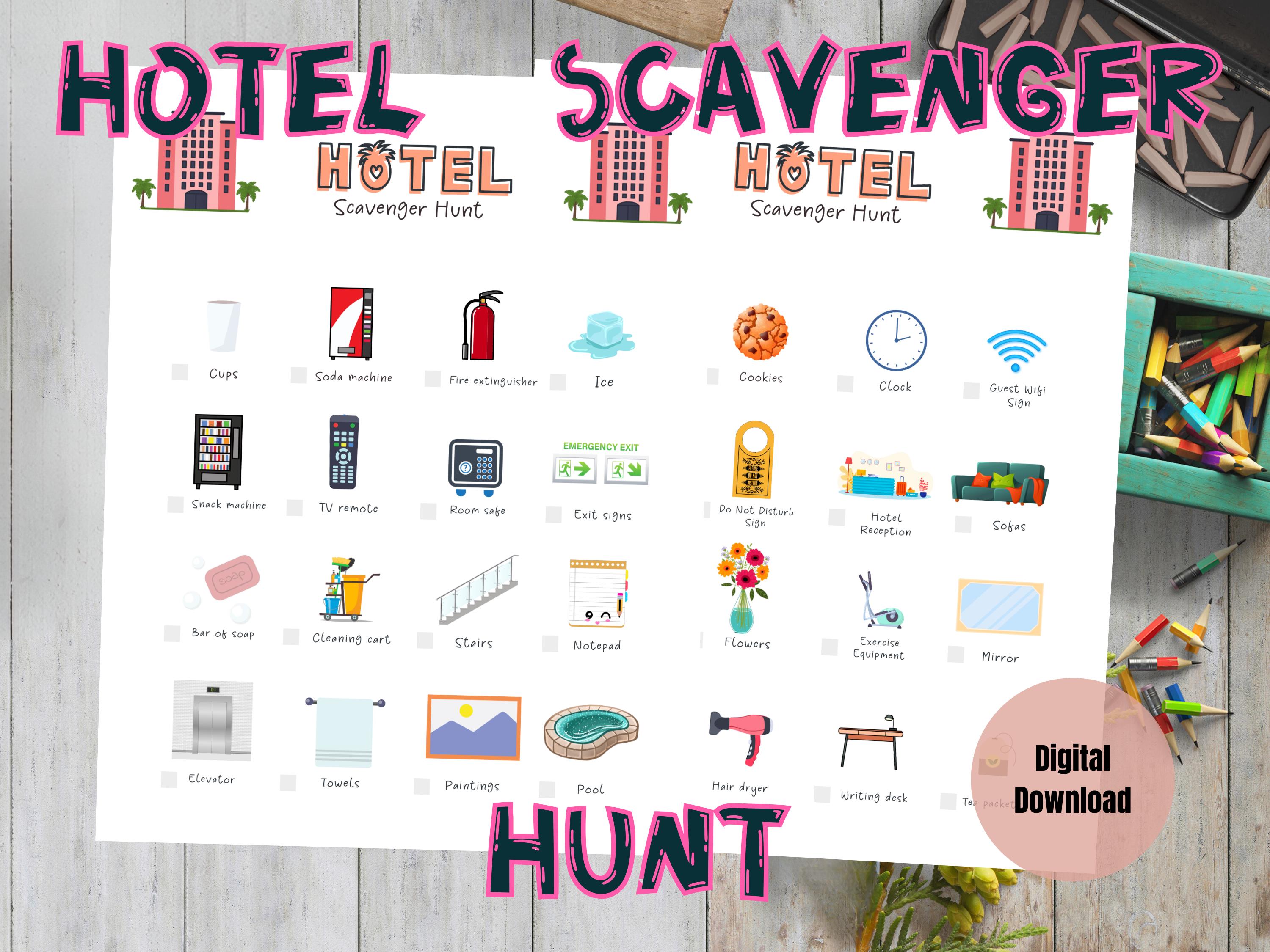 Hotel Scavenger Hunt Printable Game for Kids | Travel Treasure Hunt ...