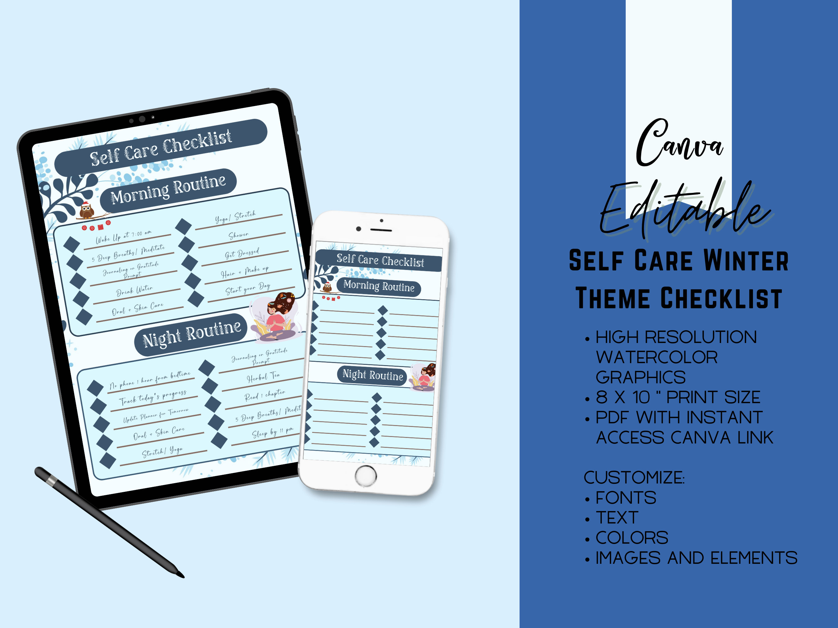 Editable Self Care Checklist Winter Themed |self Improvement Planner and Self Care Tracker ...