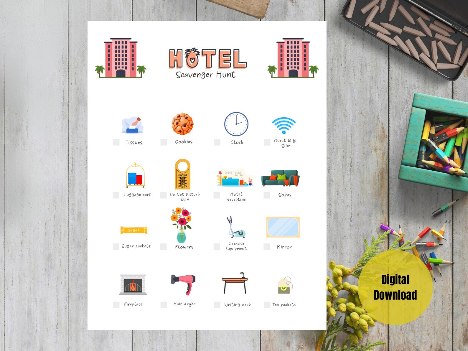 Hotel Scavenger Hunt Printable Game for Kids | Travel Treasure Hunt ...