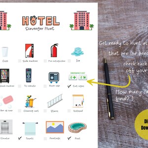 Hotel Scavenger Hunt Printable Game for Kids | Travel Treasure Hunt ...